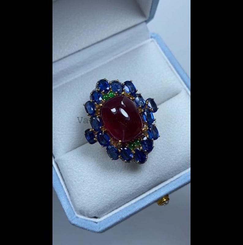 Natural Ruby & Kyanite Cluster Ring, 925 Sterling Silver Tsavorite ...