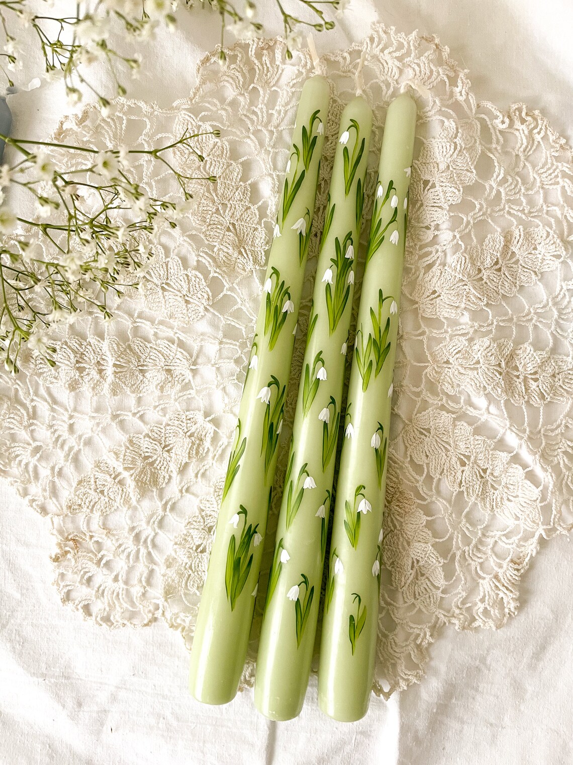 Snow Drops Handpainted Candle | Dinner Candle | Tapered Candle | Green ...