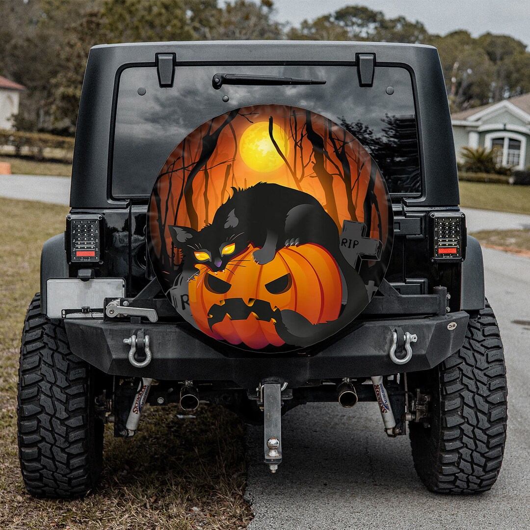 Halloween Decoration for Car, Scary Black Cat Pumpkin Spare Tire Cover ...