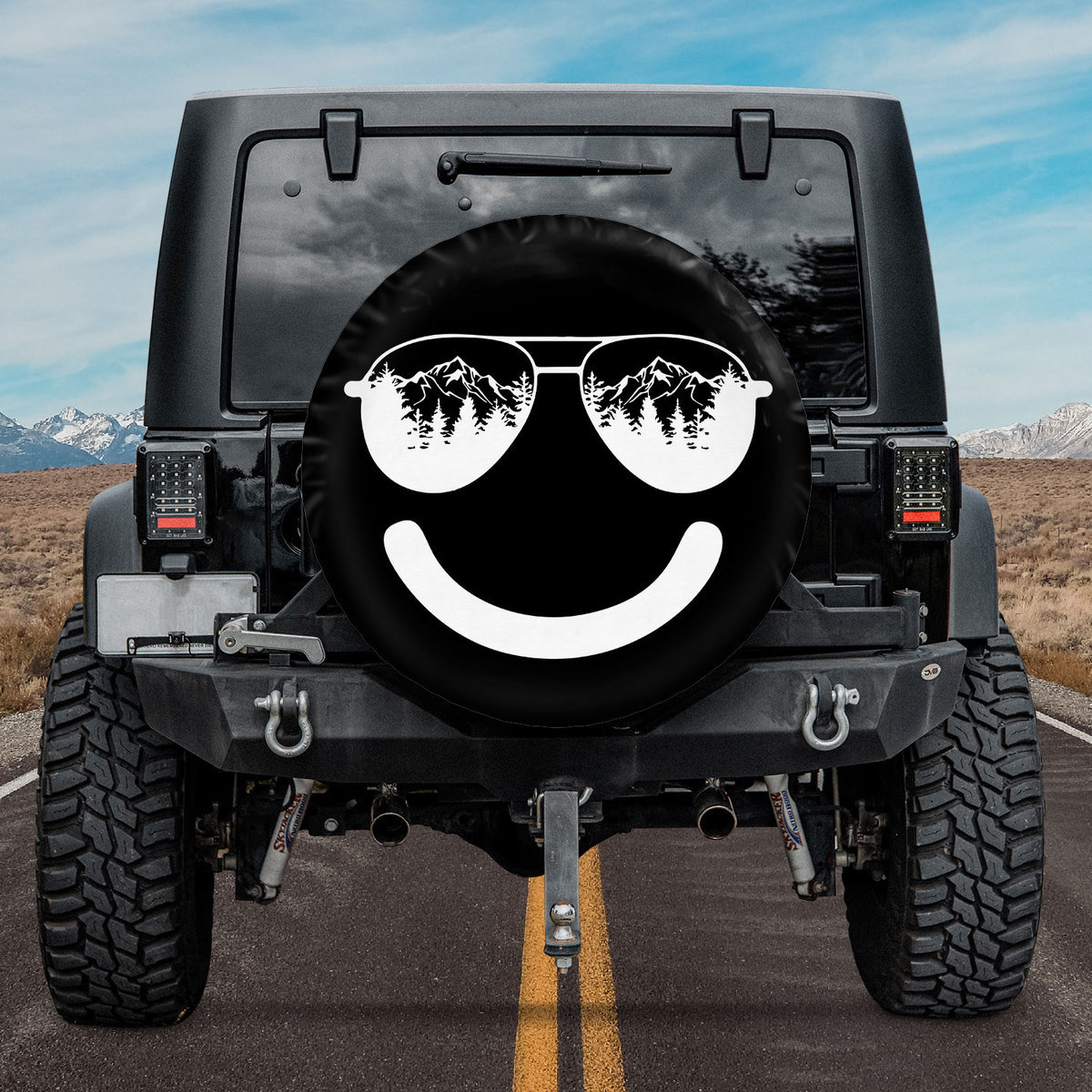 Sunglasses in the Mountains Smiley Face - Adventure Spare Tire Cover ...