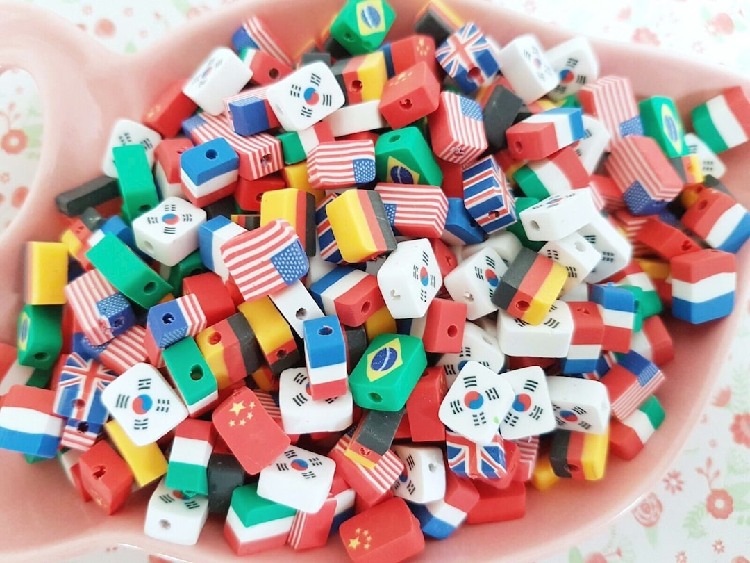 50/100pcs X 10mm Assorted Quality Mix Country Flags Polymer Clay Beads ...