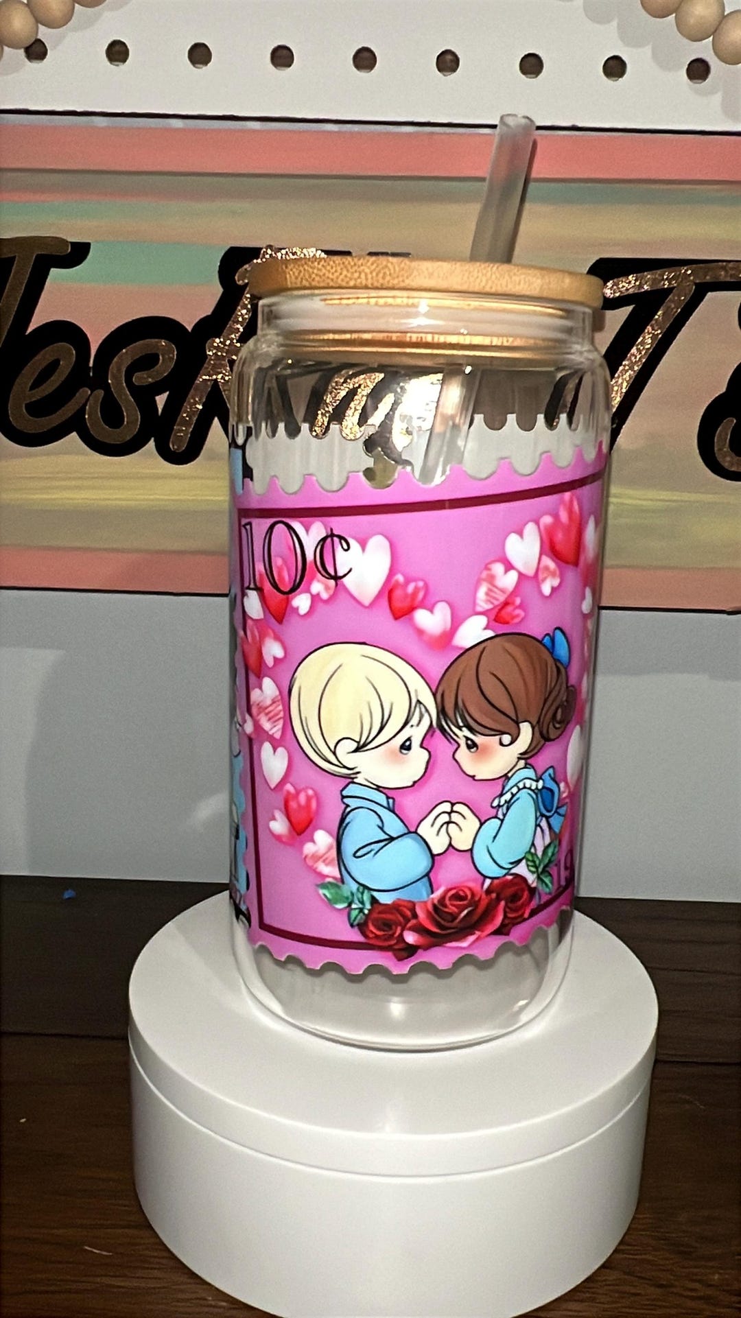 16oz Libby Glass Cup With Wood Lid Precious Moment Uv Wrap - Etsy