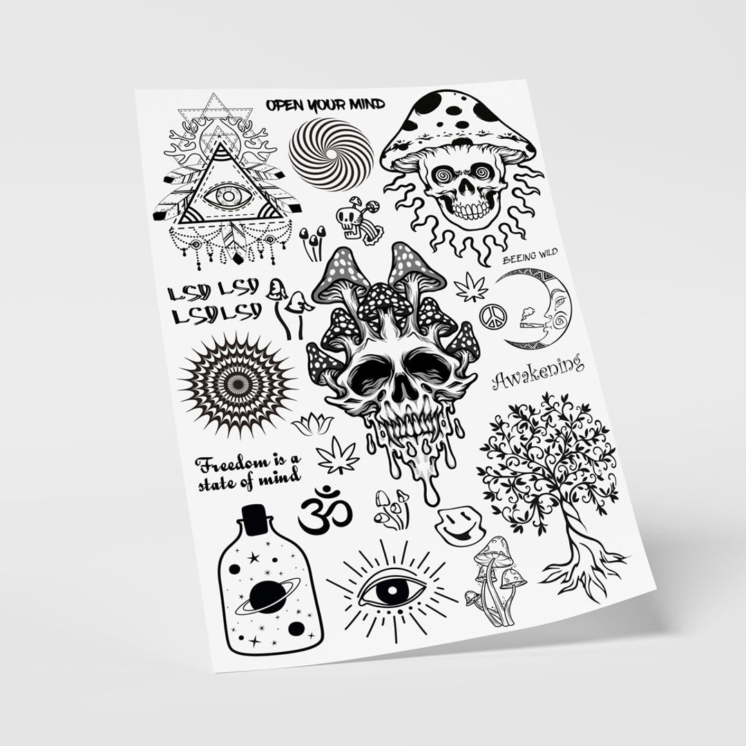 Psychedelic Fake Tattoos Adhesive Tattoos With Hippie Motifs in A4 - Etsy