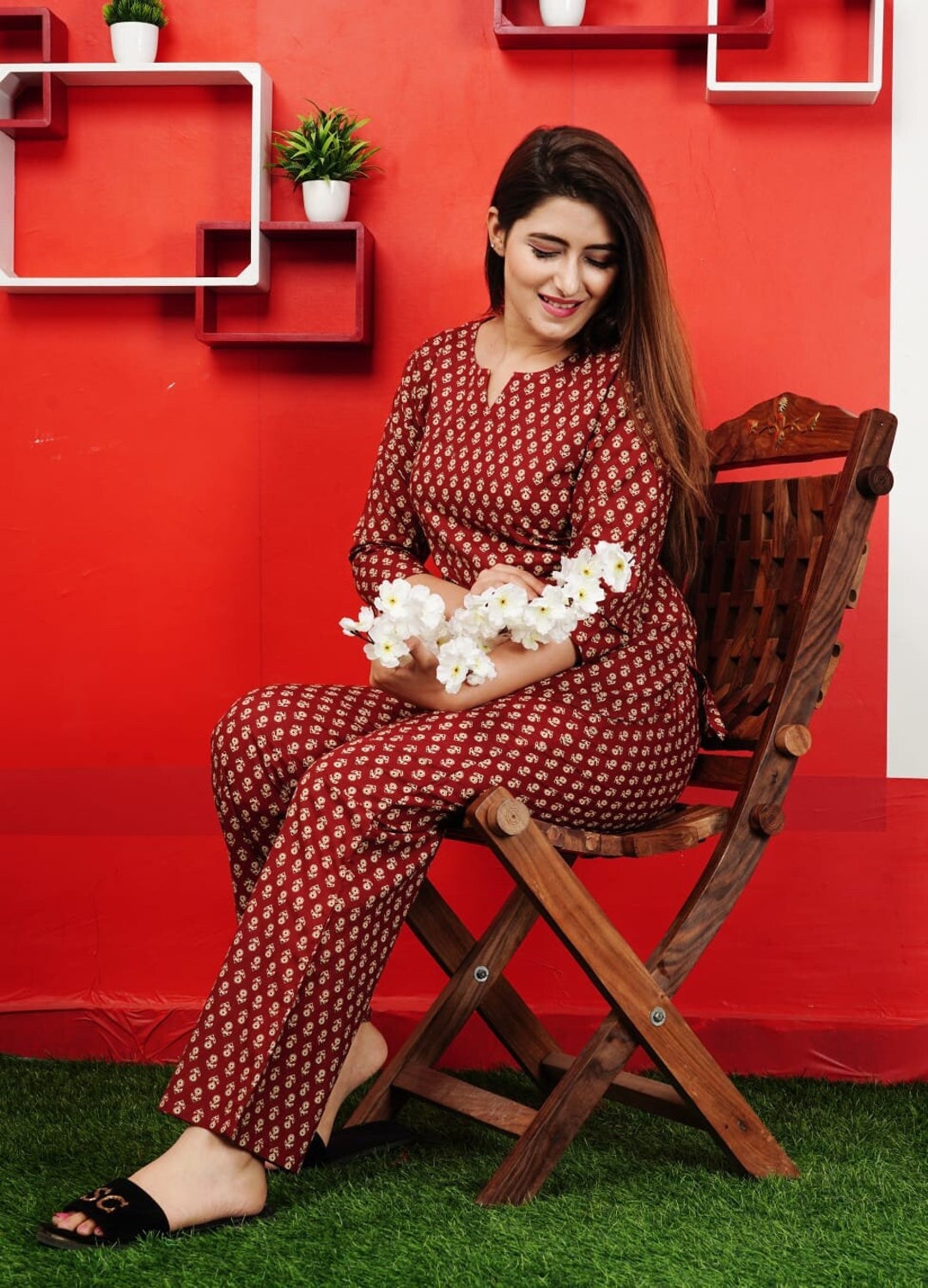 Red Night Shut, Indian PJ Set, Cotton Block Print Pajama Set, Night ...