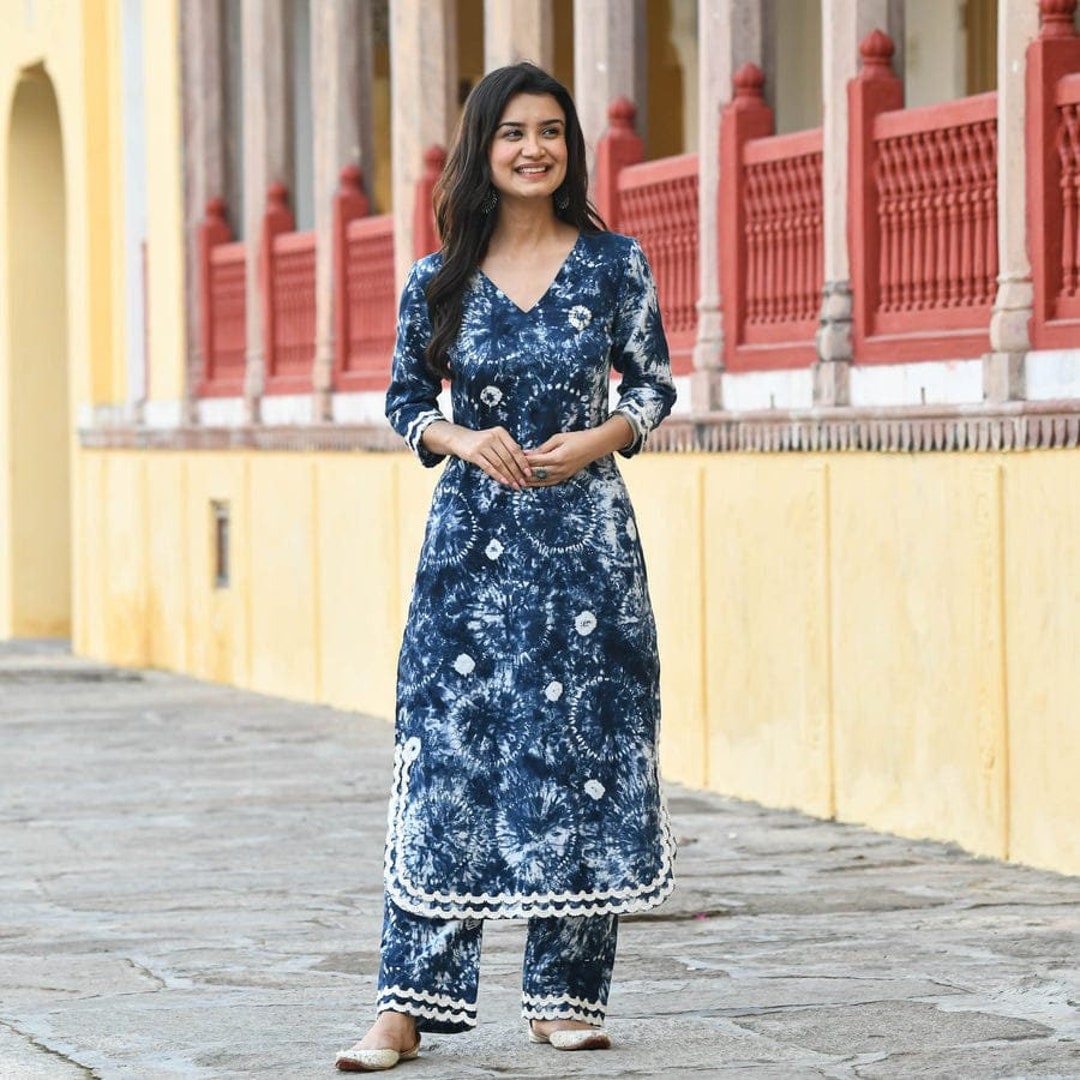 Indigo Blue Kurti Set. V Neck Straight Kurta Pant Block Print Kurti ...