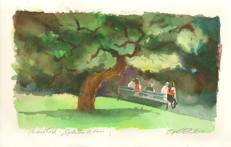 Original Watercolor Painting: Park Bench, Central Park, September 2 ...
