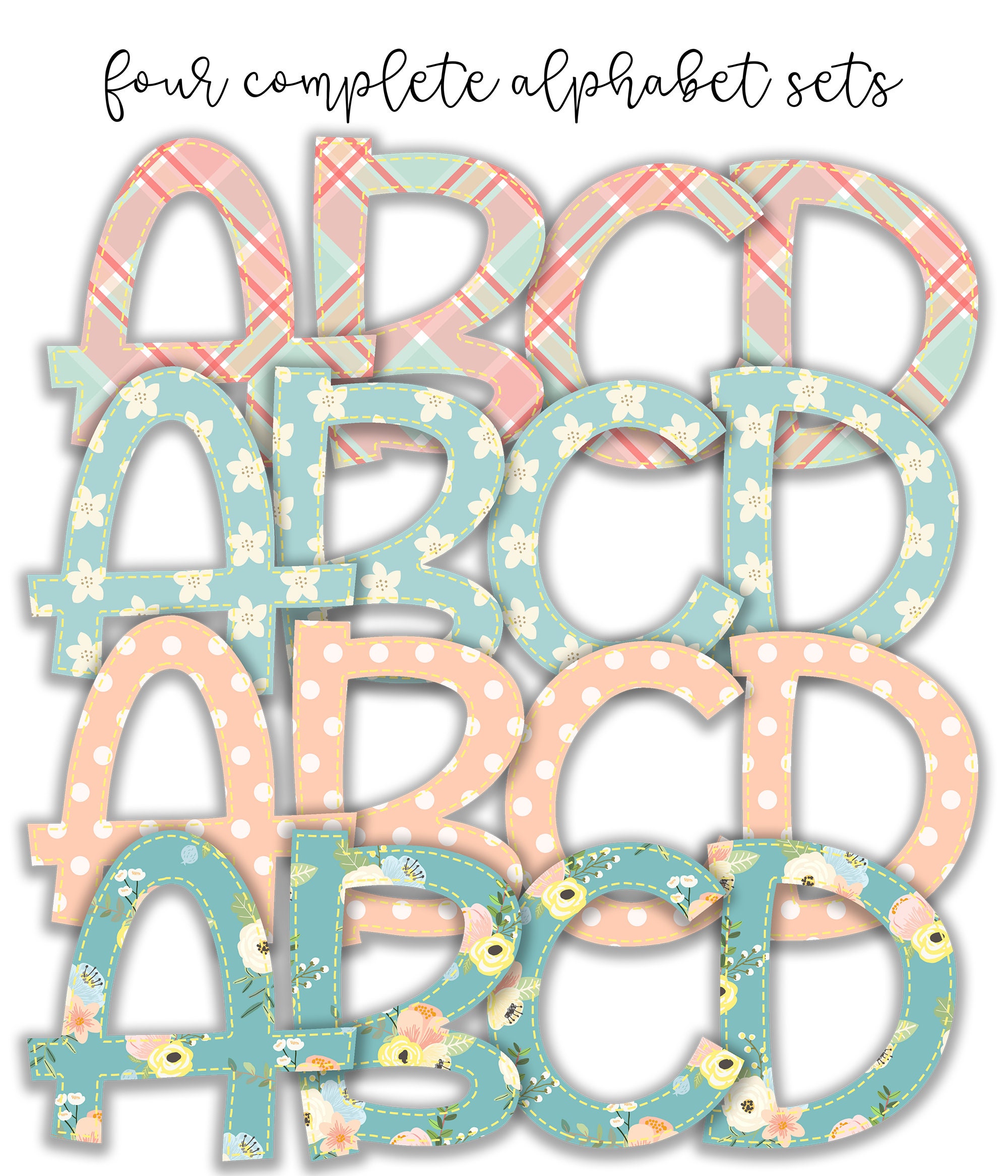 Vintage Floral Coral and Teal Alphabet Pack PNG Four Complete Alphabet ...