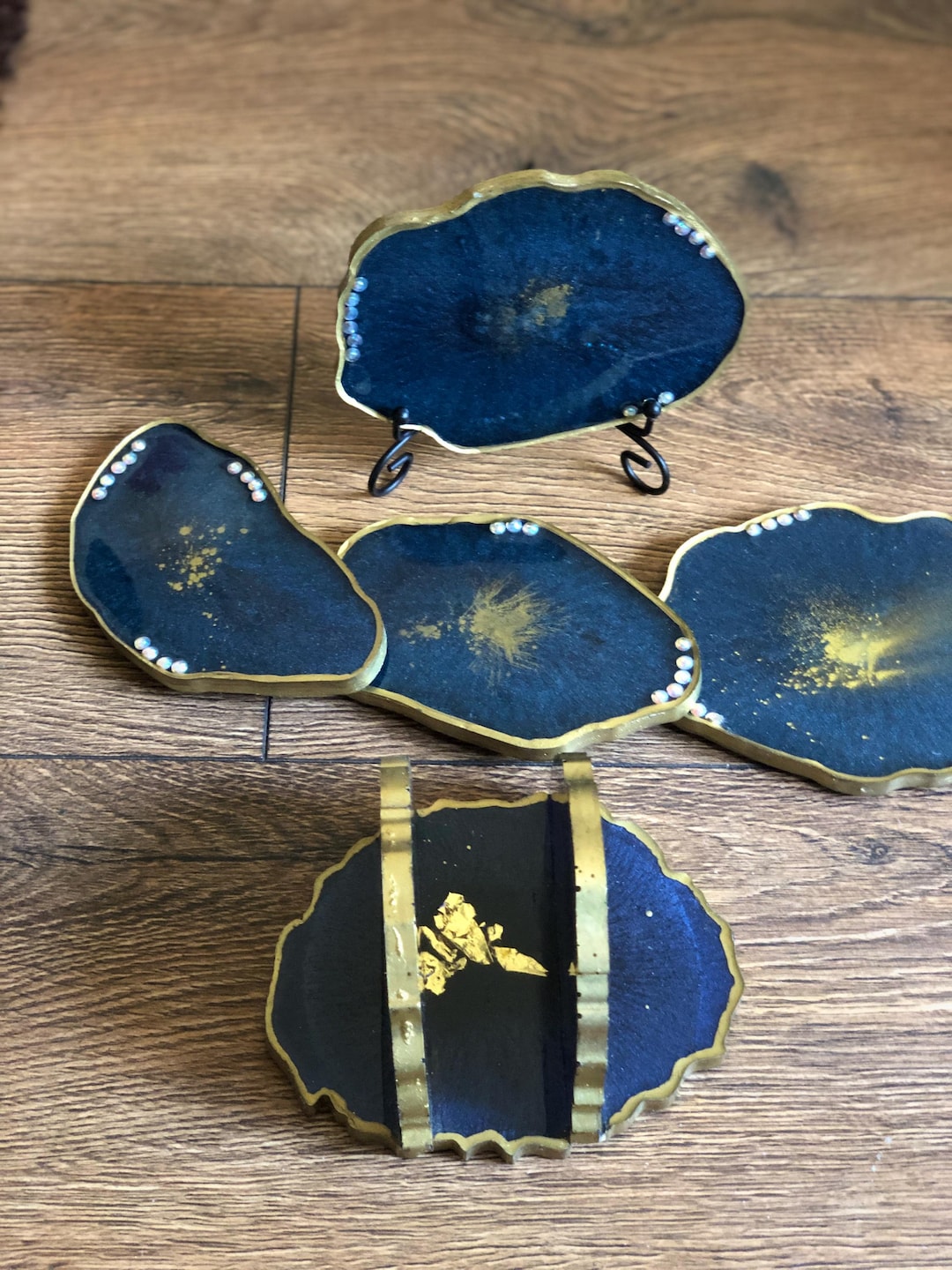 Set of 4 Geode Shape Coasters With a Holder Navy Blue & Gold Mica ...