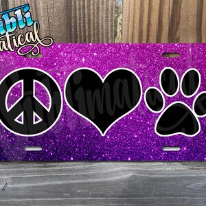 Peace Love & Paws Glitter License Plate, Customized Vehicle, Dog Lover ...