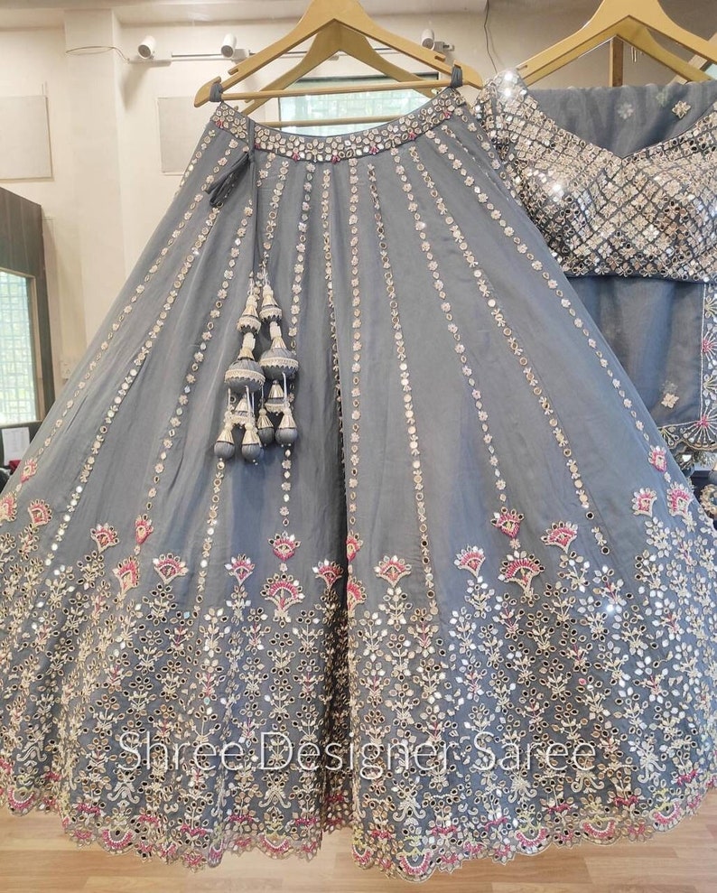 Gray Indian Designer Lehenga Choli With Chain Stitch Work - Etsy