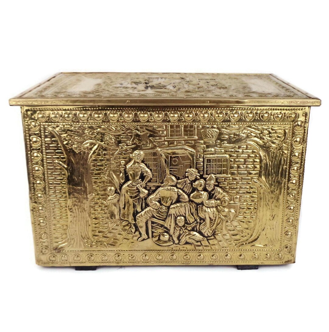 Antique Wooden Coal Box With Brass Embossed Decoration England, Vintage ...