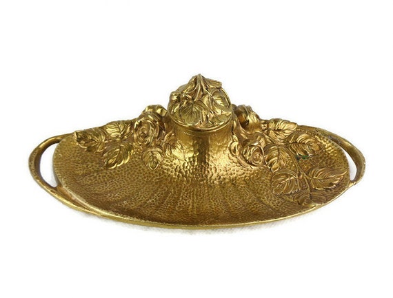 Antique Brass Inkwell Vintage Engraved Brass Inkwell | Etsy