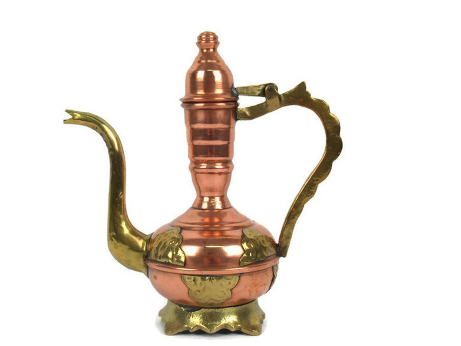 Antique Copper Teapot With Brass Decoration, Vintage Copper Brass Jug ...