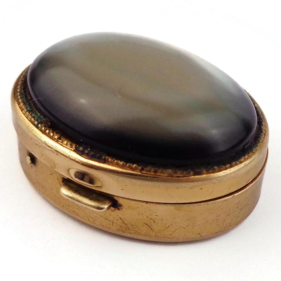 Vintage Pill Box, Oval Pill Box, Pill Box With Stone Lid, Engraved Pill ...