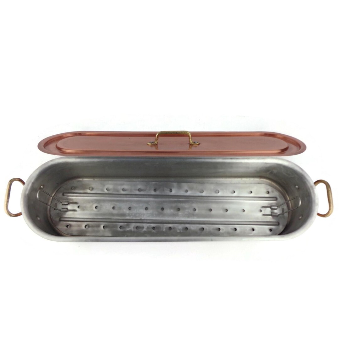 Vintage Copper Fish Poacher, Covered Copper Cooking Fish Pan With Brass ...