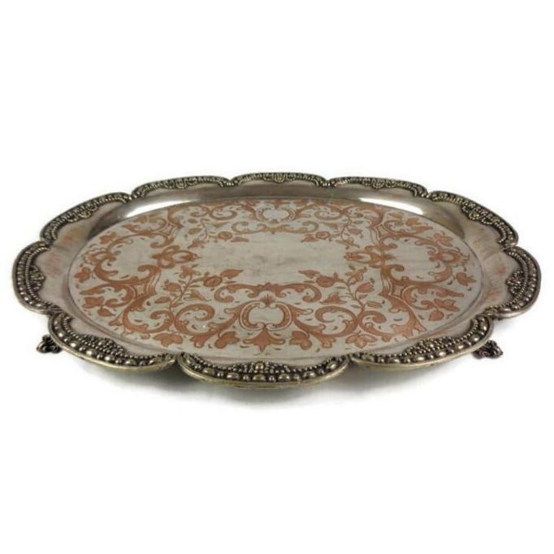 Vintage Silver Plated Tray With Copper Decoration, Antique Engraved ...