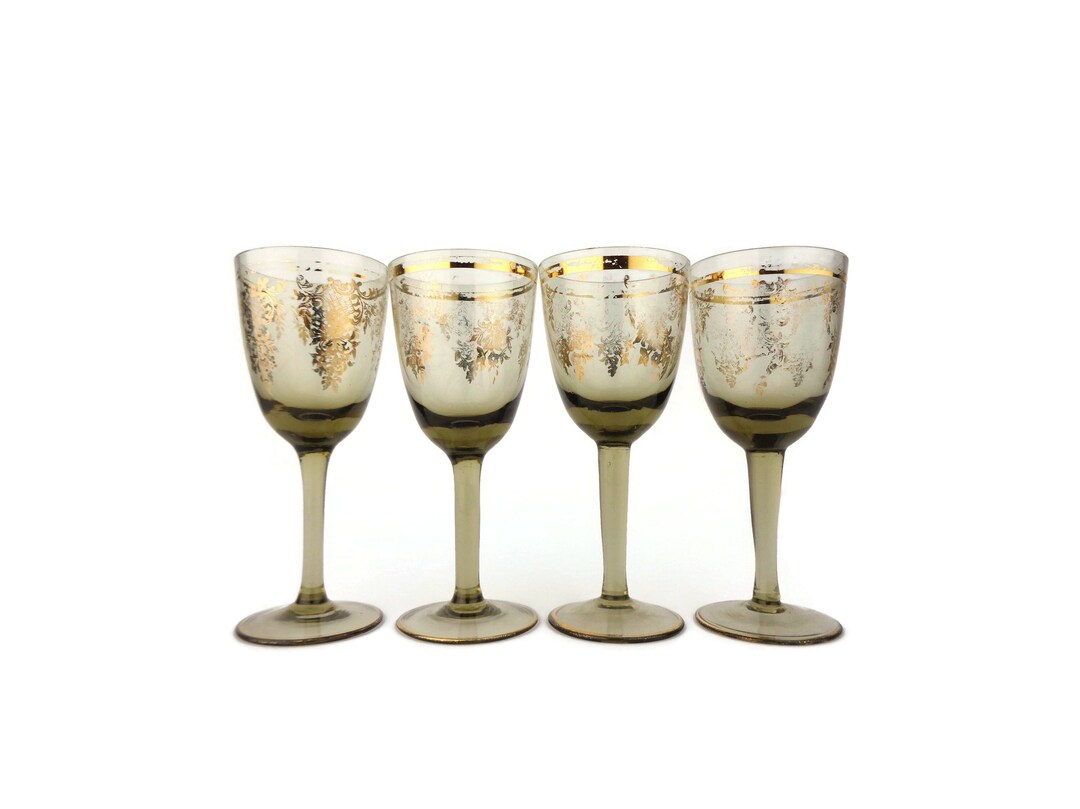 Vintage Glass Brandy Cups With Gold Trim, Liqueur Glass With Stool Set ...