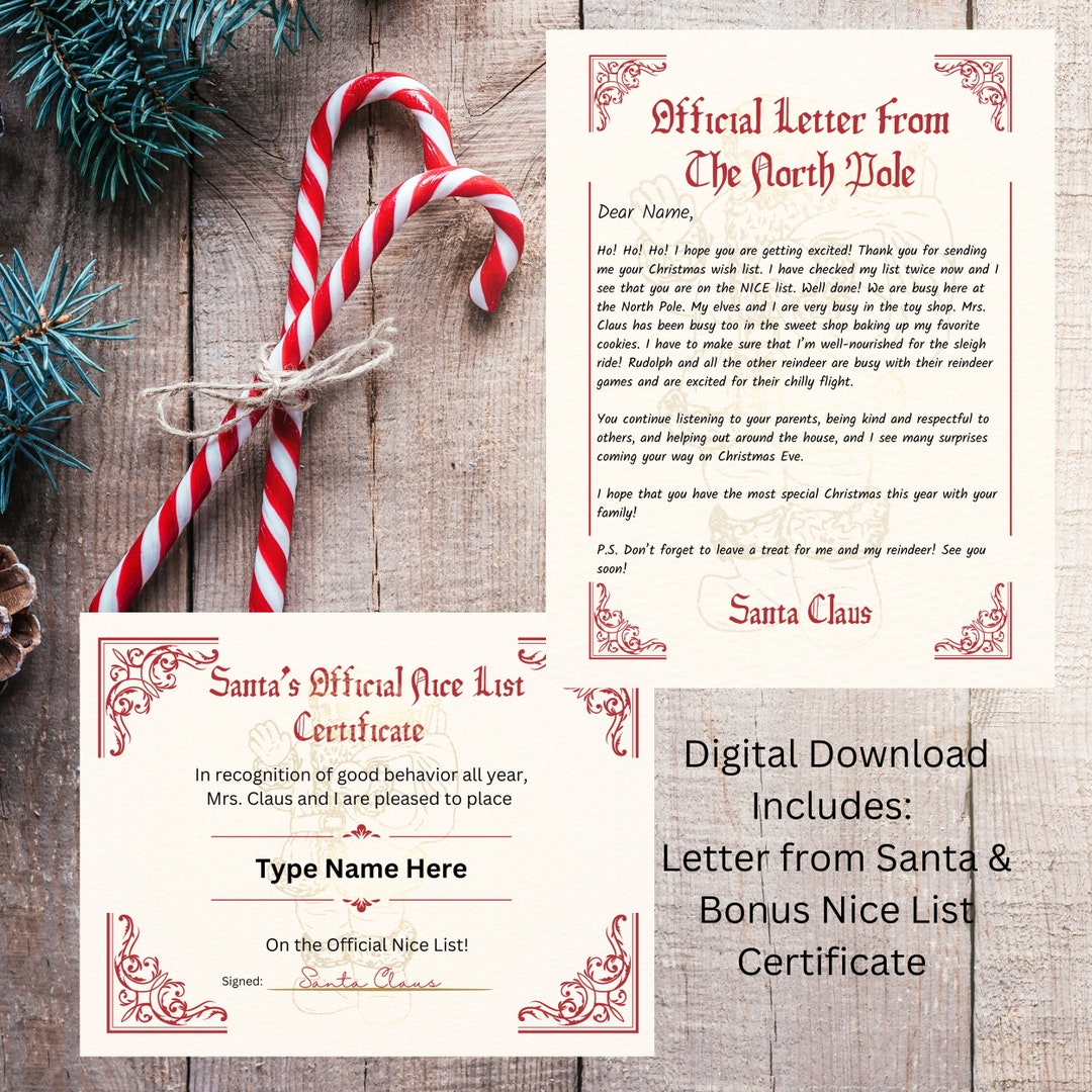 Letter From Santa Claus Nice List Certificate Santa Certificate ...