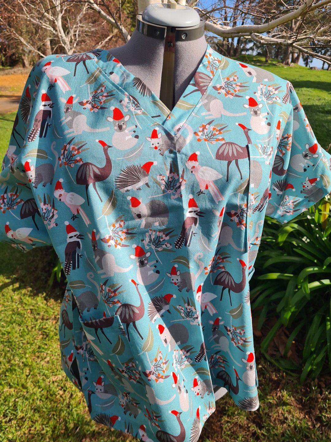 Large Bush Christmas in Blue Scrub Top - Etsy Australia