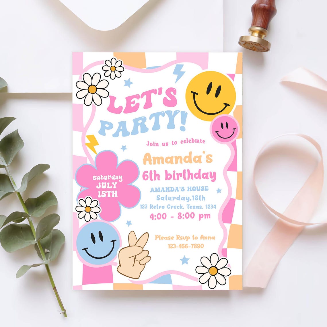 Smiley Face Invite, Smiley Face Birthday Invitation, Pink Groovy Retro ...