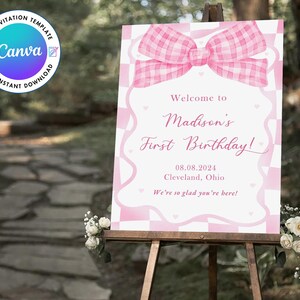 Pink Bow Birthday Welcome Sign Template | Editable Coquette Pink Girly ...