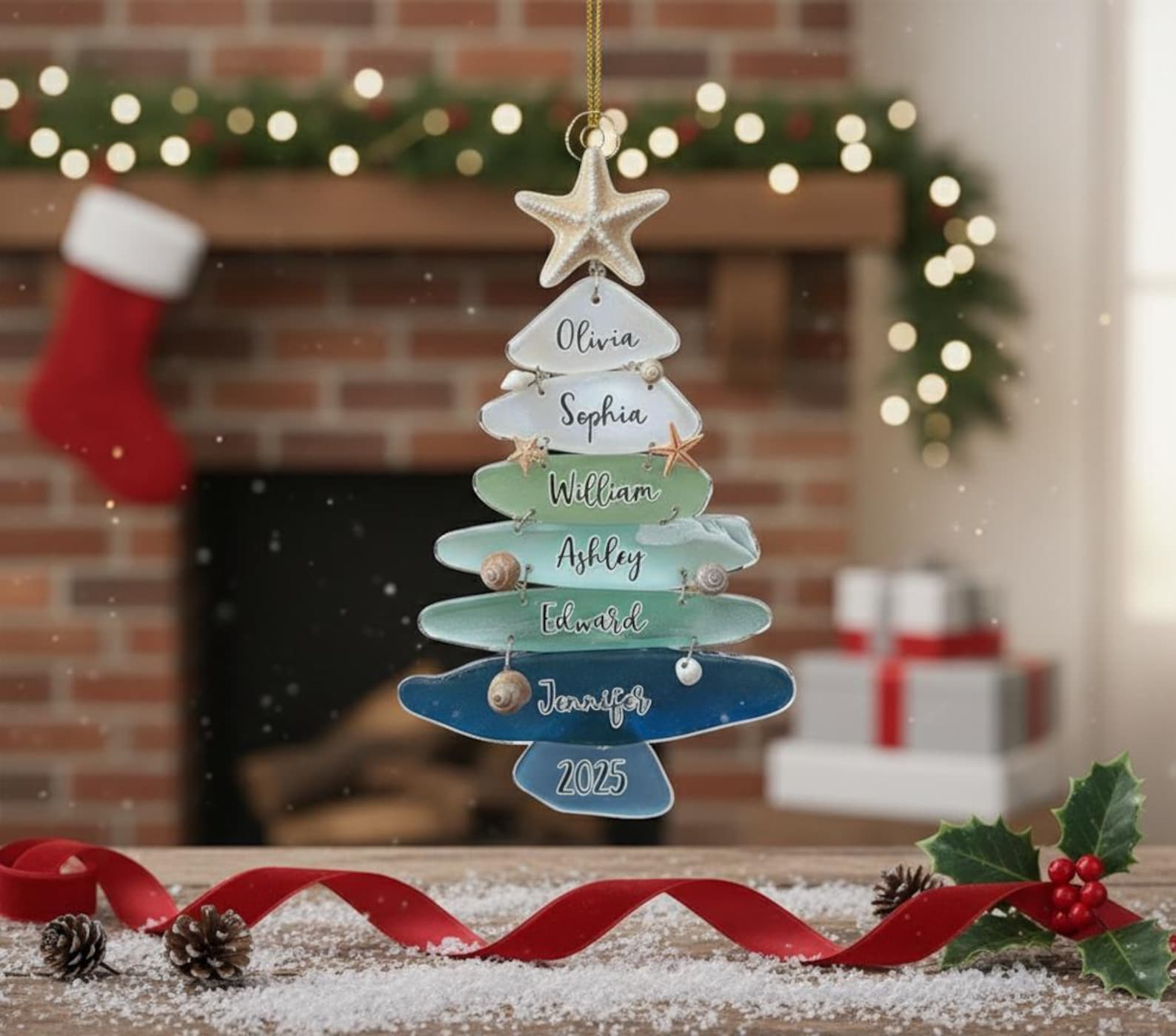 Personalized Sea Glass Family Tree Ornament, 2D Flat Custom Family Name ...