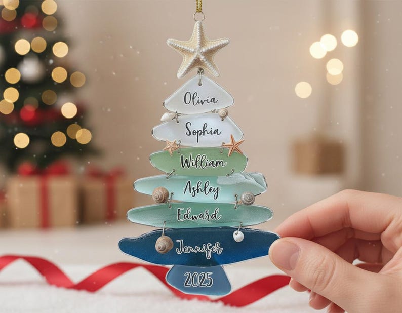 Personalized Sea Glass Family Tree Ornament, 2D Flat Custom Family Name ...