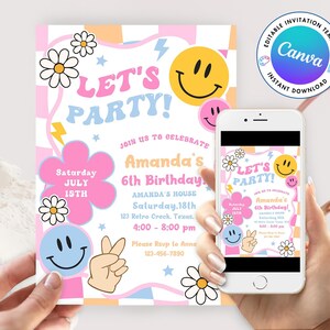 Smiley Face Invite, Smiley Face Birthday Invitation, Pink Groovy Retro ...