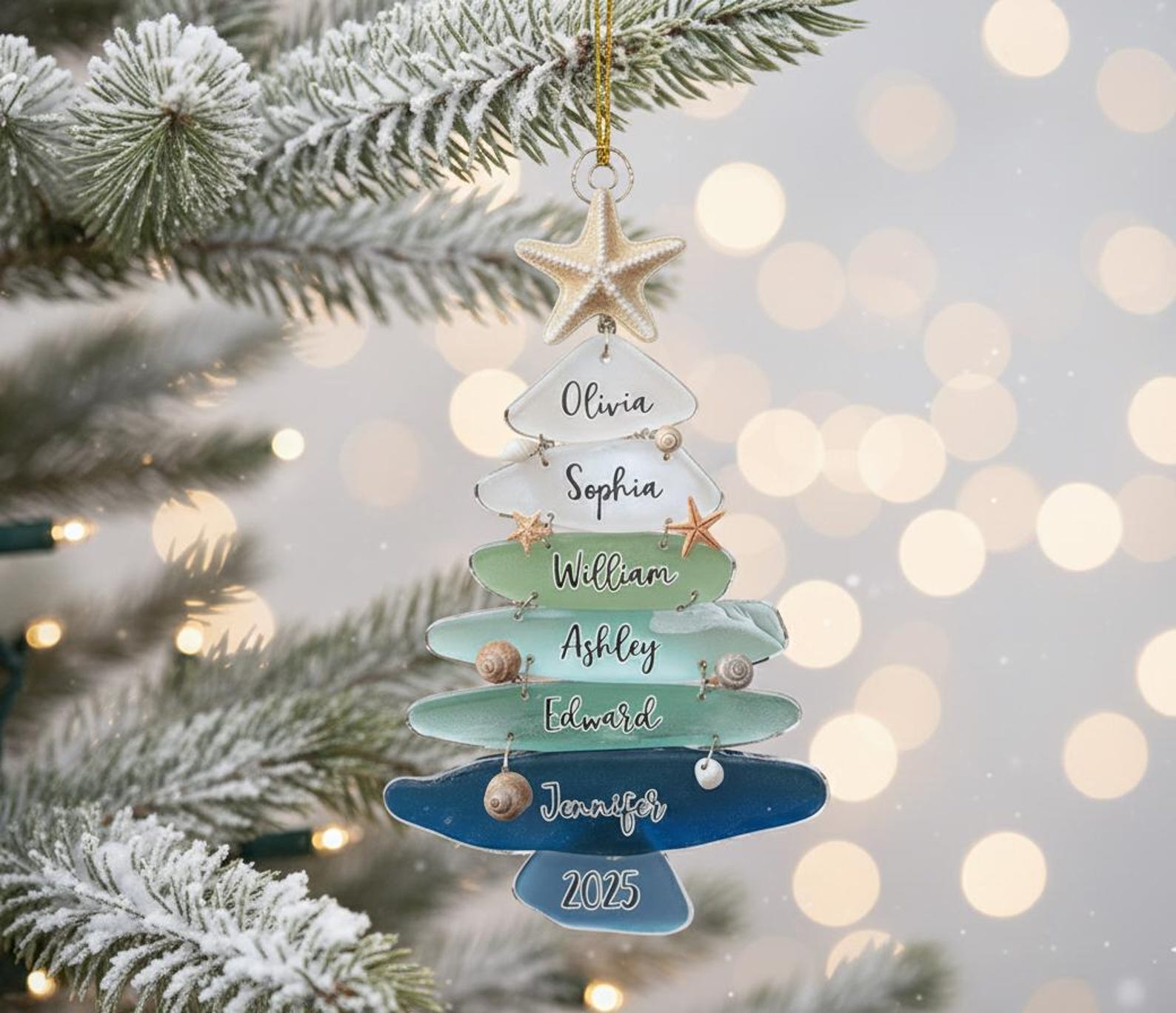 Personalized Sea Glass Family Tree Ornament, 2D Flat Custom Family Name ...