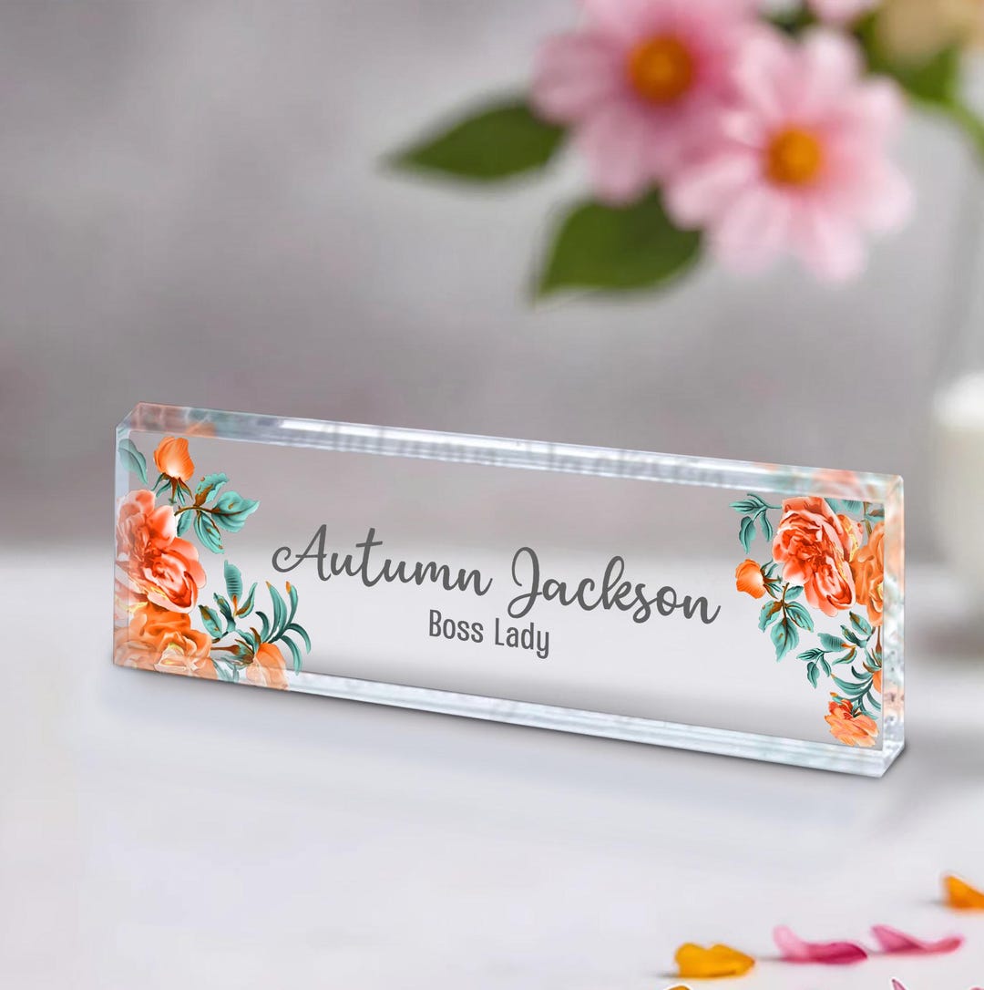 Rose Gold Floral Desk Name Plate | New Job Gift for Her | Personalized ...