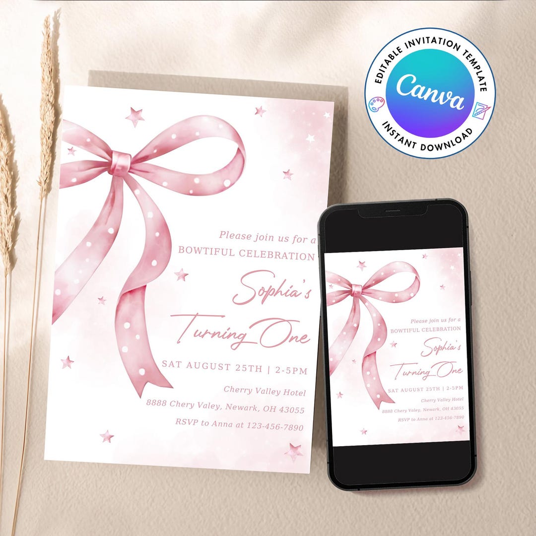 EDITABLE Pink Bow Invitation for Birthday 1st Birthday Minimalist Pink ...