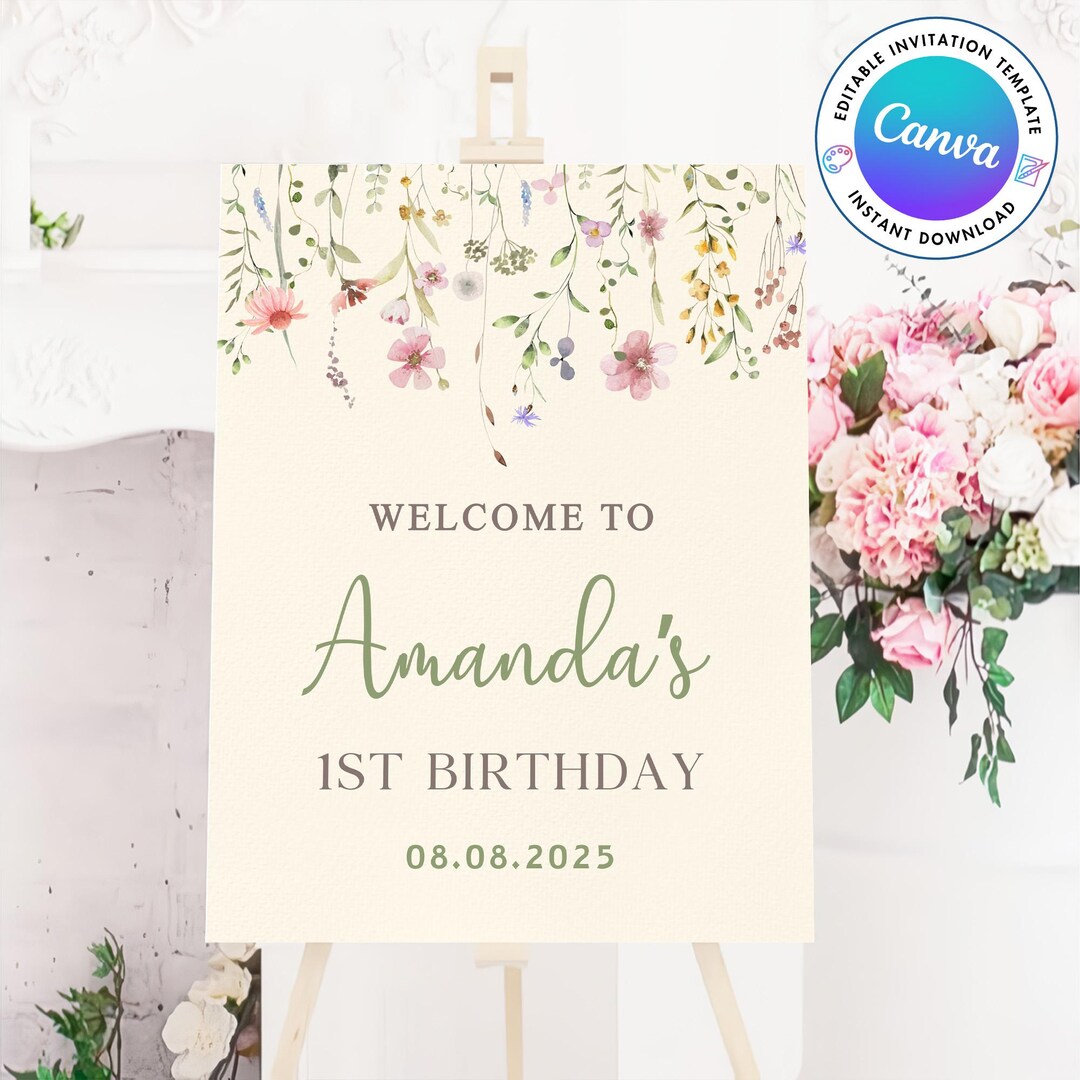 Editable Wildflower Birthday Party Welcome Party Sign, Floral 1st ...
