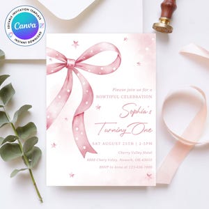 EDITABLE Pink Bow Invitation for Birthday 1st Birthday Minimalist Pink ...