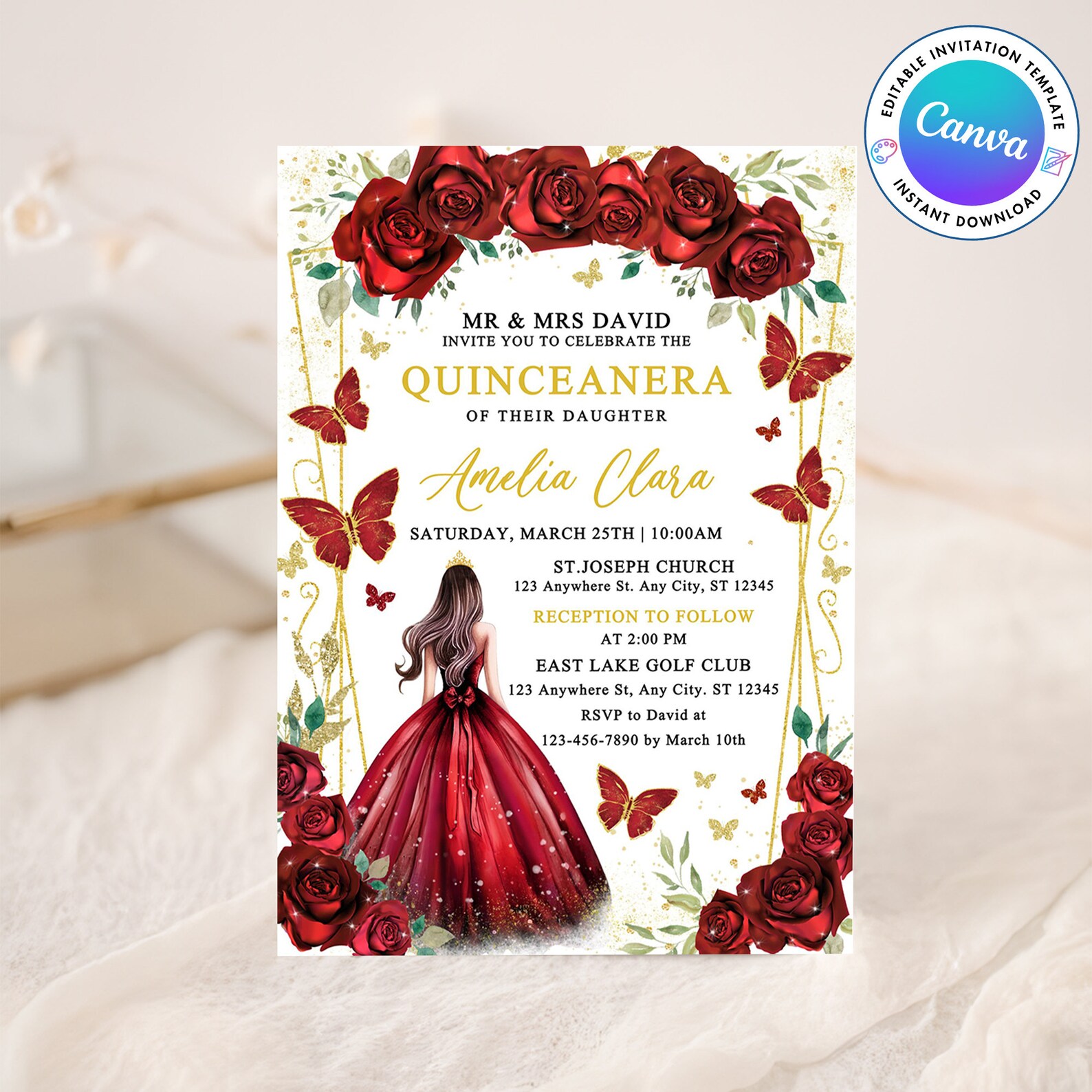 Red and Gold Quinceanera Invitation TEMPLATE, Burgundy Red and Gold ...