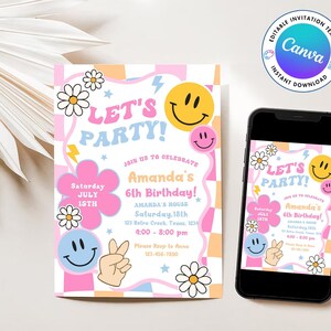 Smiley Face Invite, Smiley Face Birthday Invitation, Pink Groovy Retro ...