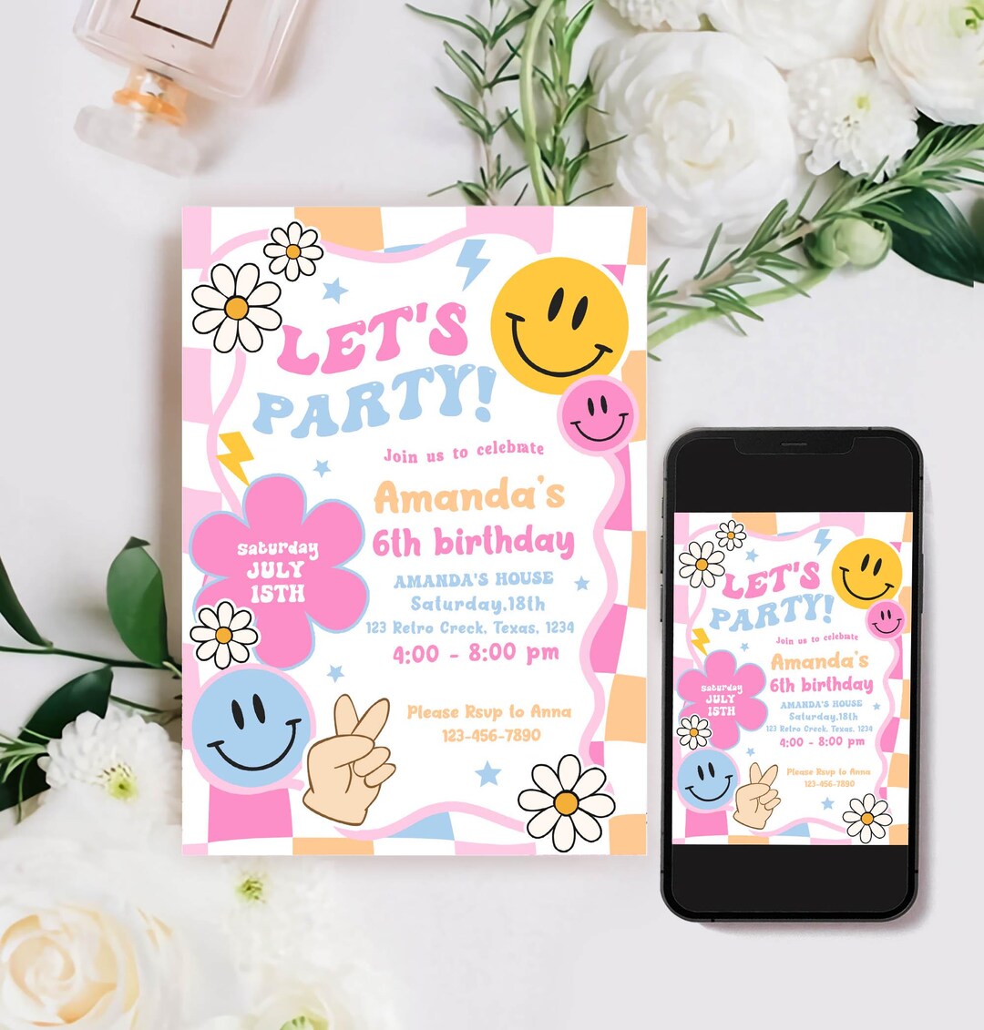 Smiley Face Invite, Smiley Face Birthday Invitation, Pink Groovy Retro ...