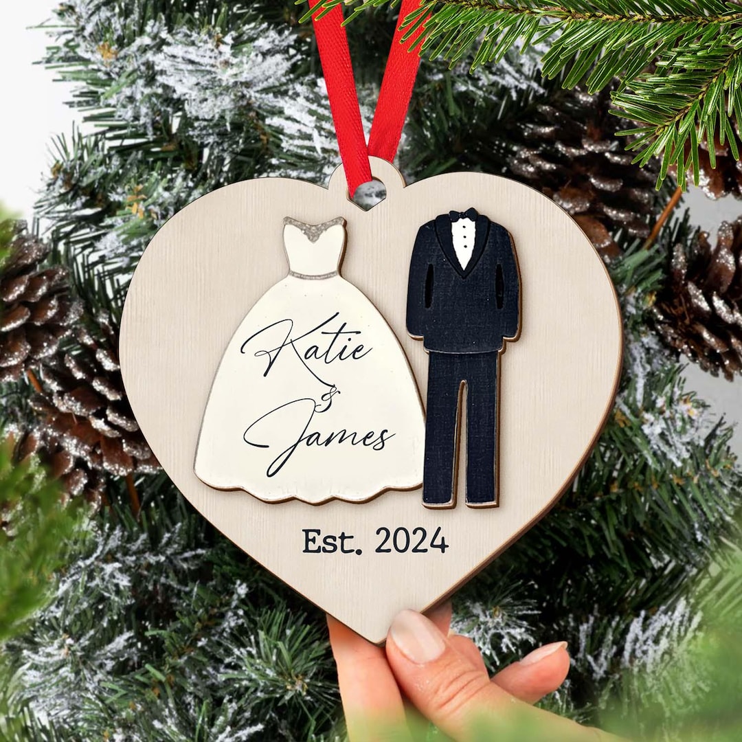 Personalized Wedding Ornament, First Christmas Married, Bride and Groom ...
