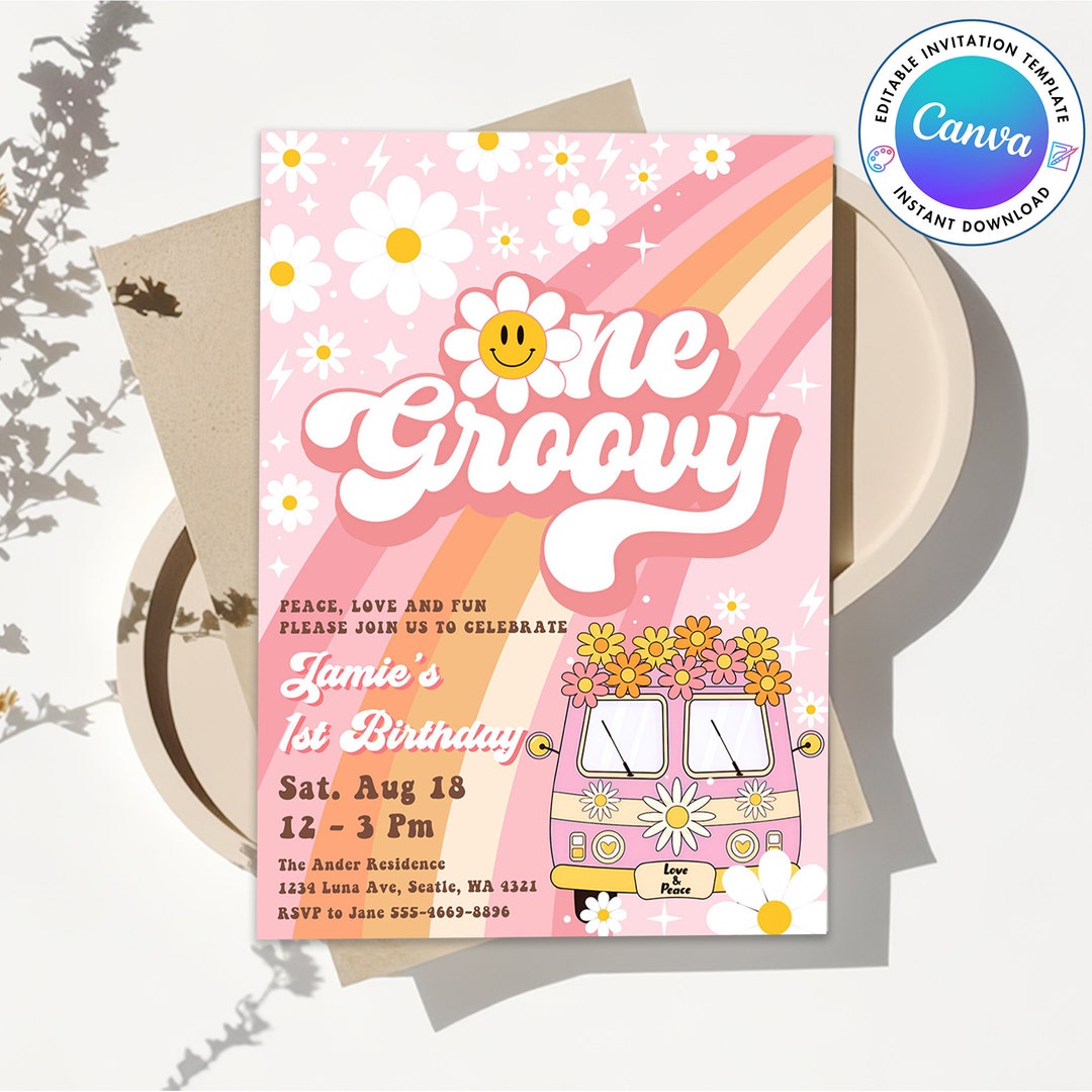 EDITABLE Groovy One Birthday Invitation, Groovy Girl 1st Birthday ...
