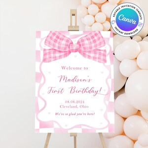 Pink Bow Birthday Welcome Sign Template | Editable Coquette Pink Girly ...