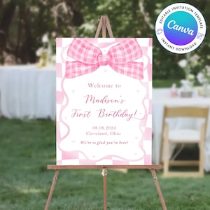 Pink Bow Birthday Welcome Sign Template | Editable Coquette Pink Girly ...