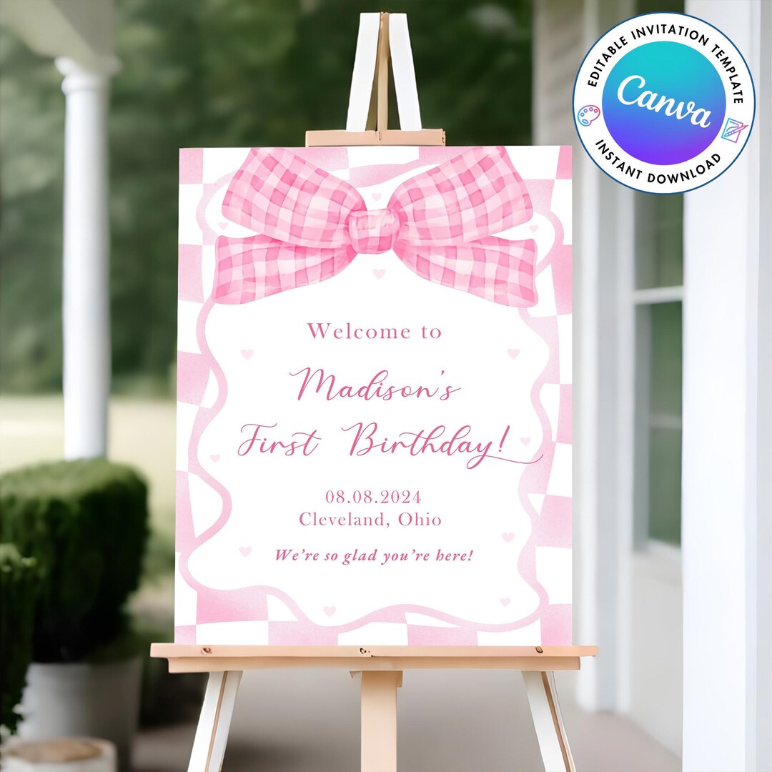 Pink Bow Birthday Welcome Sign Template | Editable Coquette Pink Girly ...