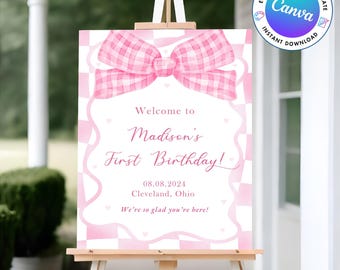 Bow Birthday Welcome Sign Template Editable Coquette Pink Girly Bow 1st ...