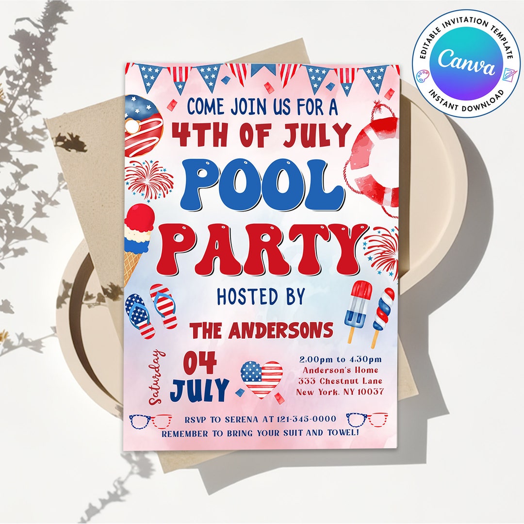 Editable 4th of July Pool Party Invitation Template, Editable 4th of ...