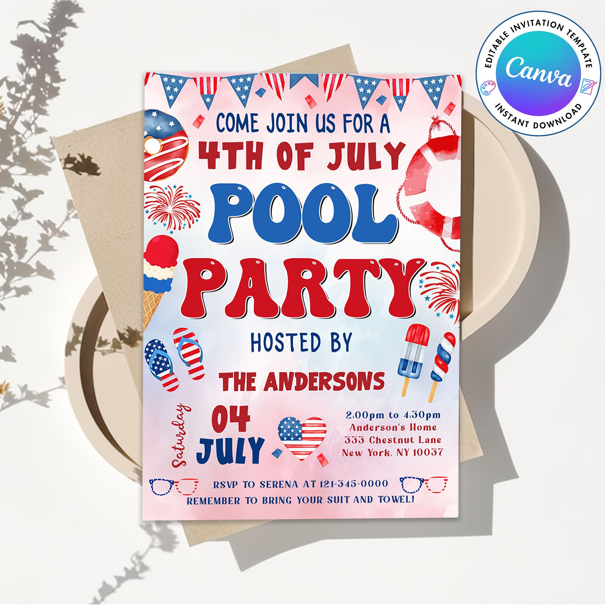 Editable 4th of July Pool Party Invitation Template, Editable 4th of ...