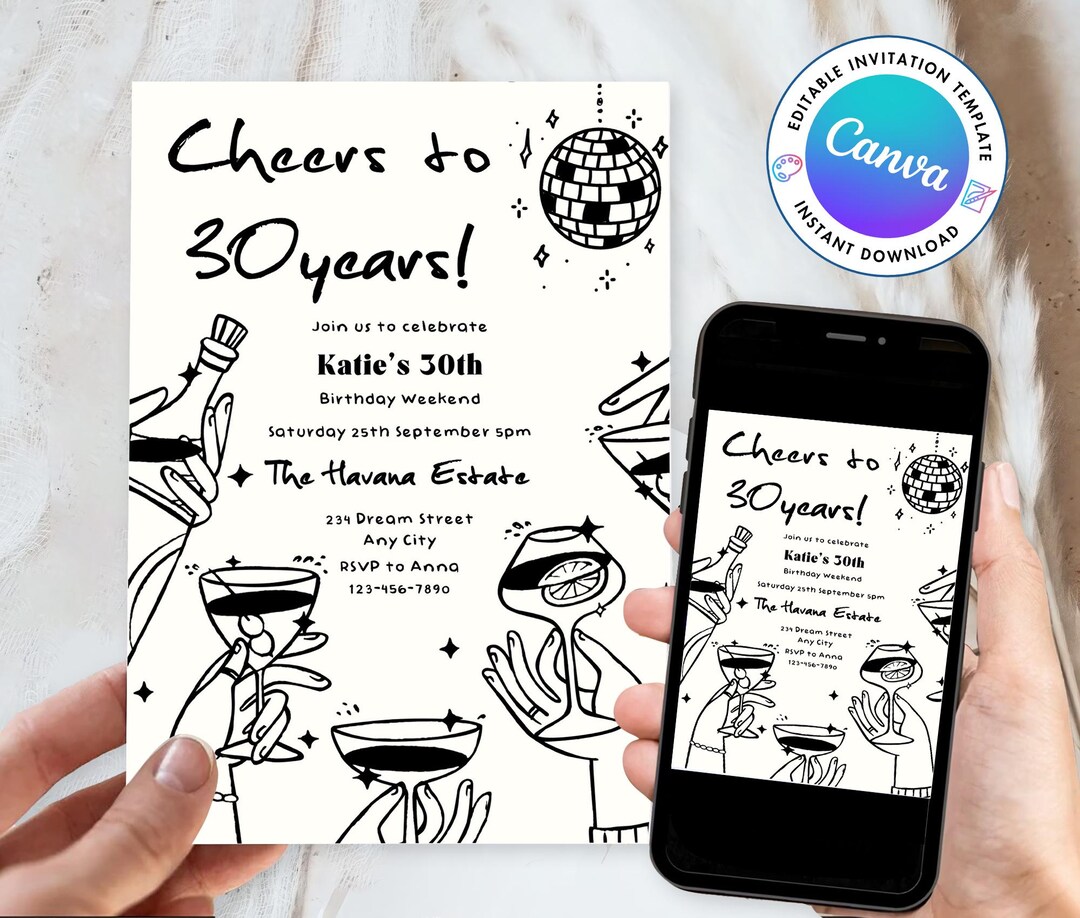 Editable Birthday Party Invitation, Hand Drawn Scribble Cocktail ...
