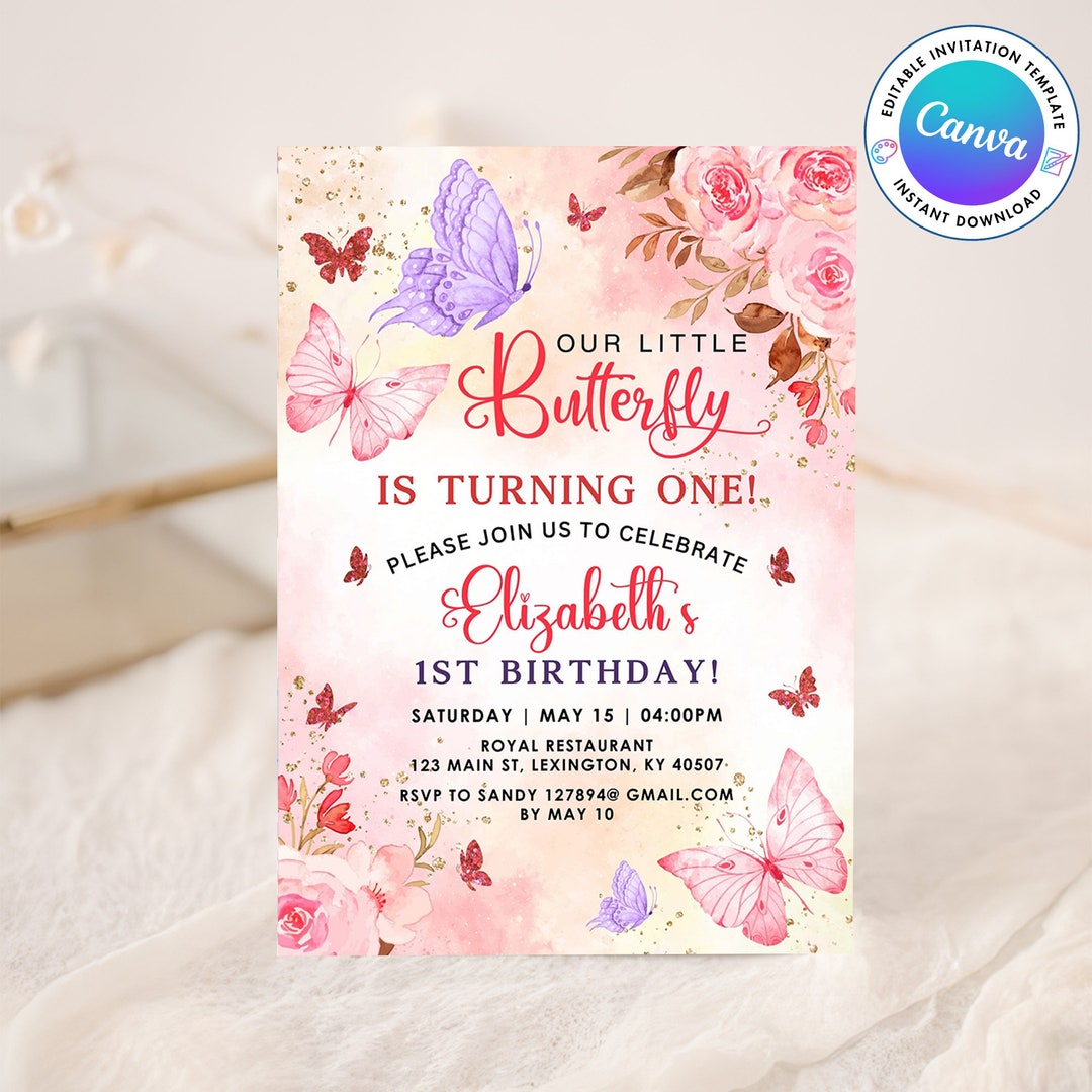 EDITABLE Butterfly Birthday Invitation Template, Butterfly Birthday ...