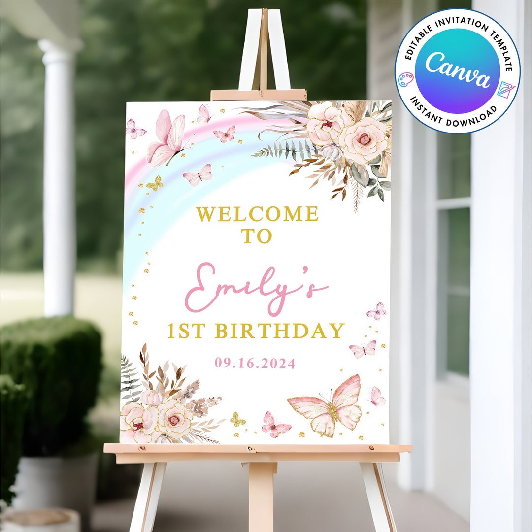 Printable Girl 1st Birthday Welcome Sign, Editable Pink Butterfly ...