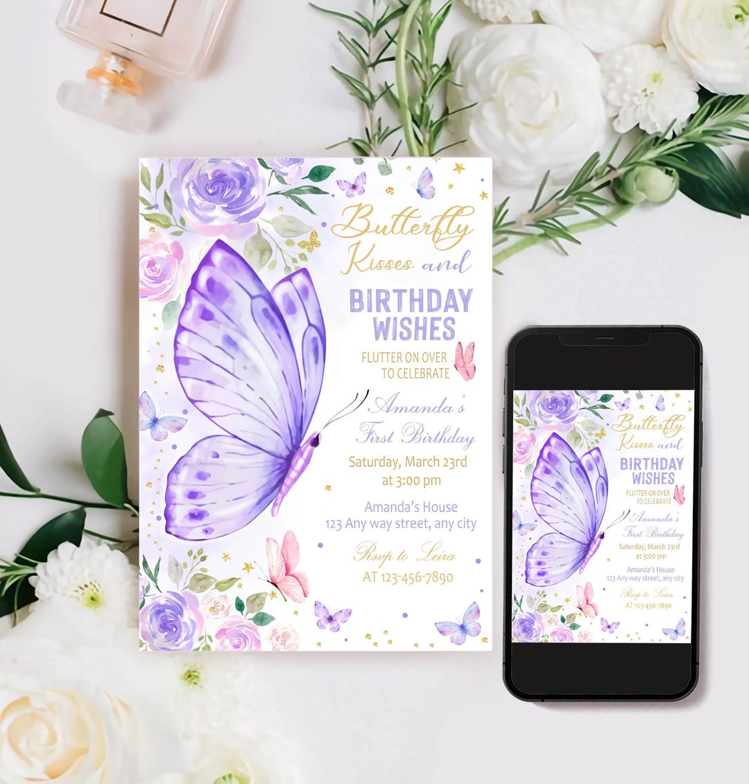 Purple Butterfly Birthday Invite TEMPLATE, Butterfly Birthday Invite ...