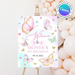 Editable Butterfly Birthday Welcome Sign Template, Printable Girl 1st ...