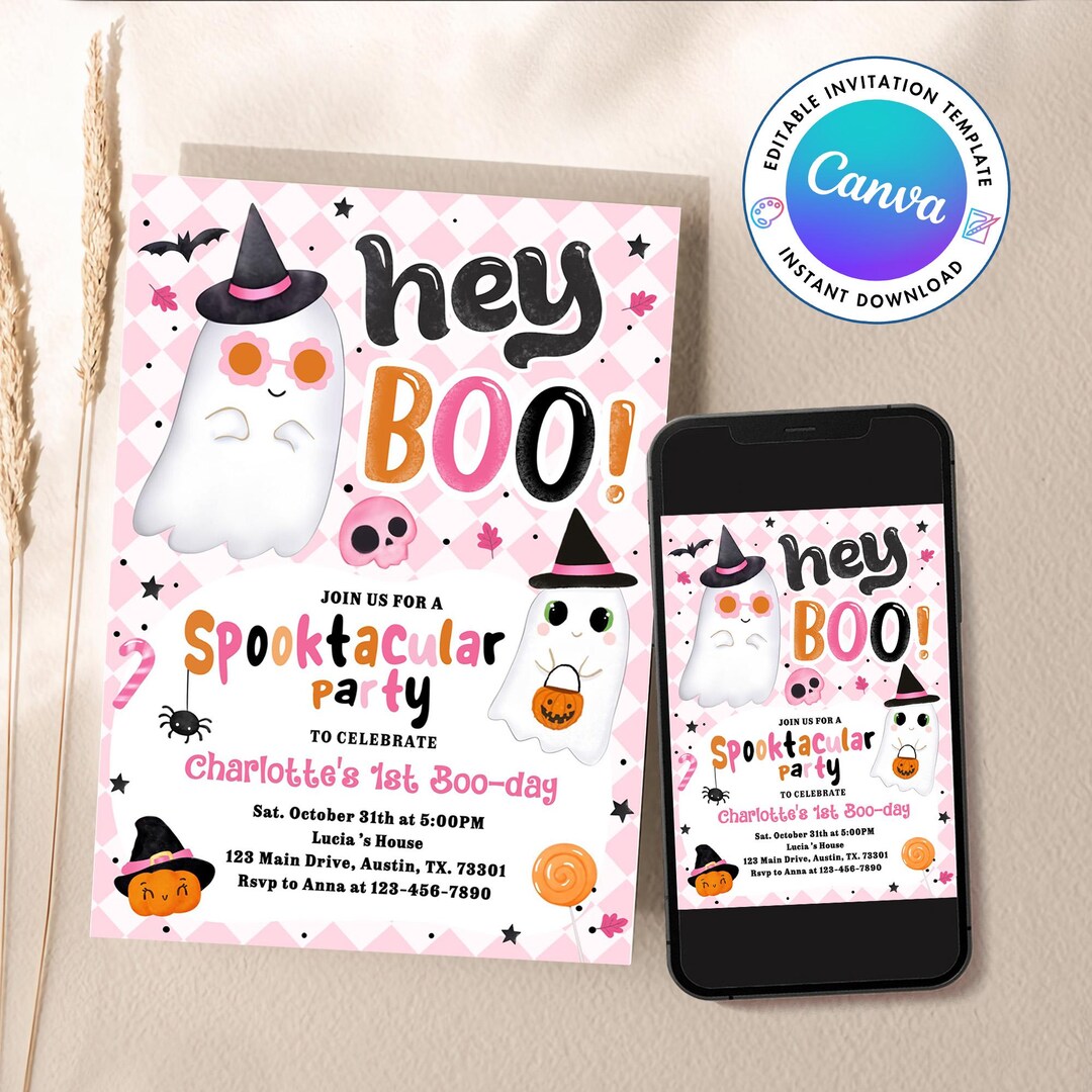 Editable Halloween Pink Ghost Birthday Invitation Hey Boo Girly Cute ...